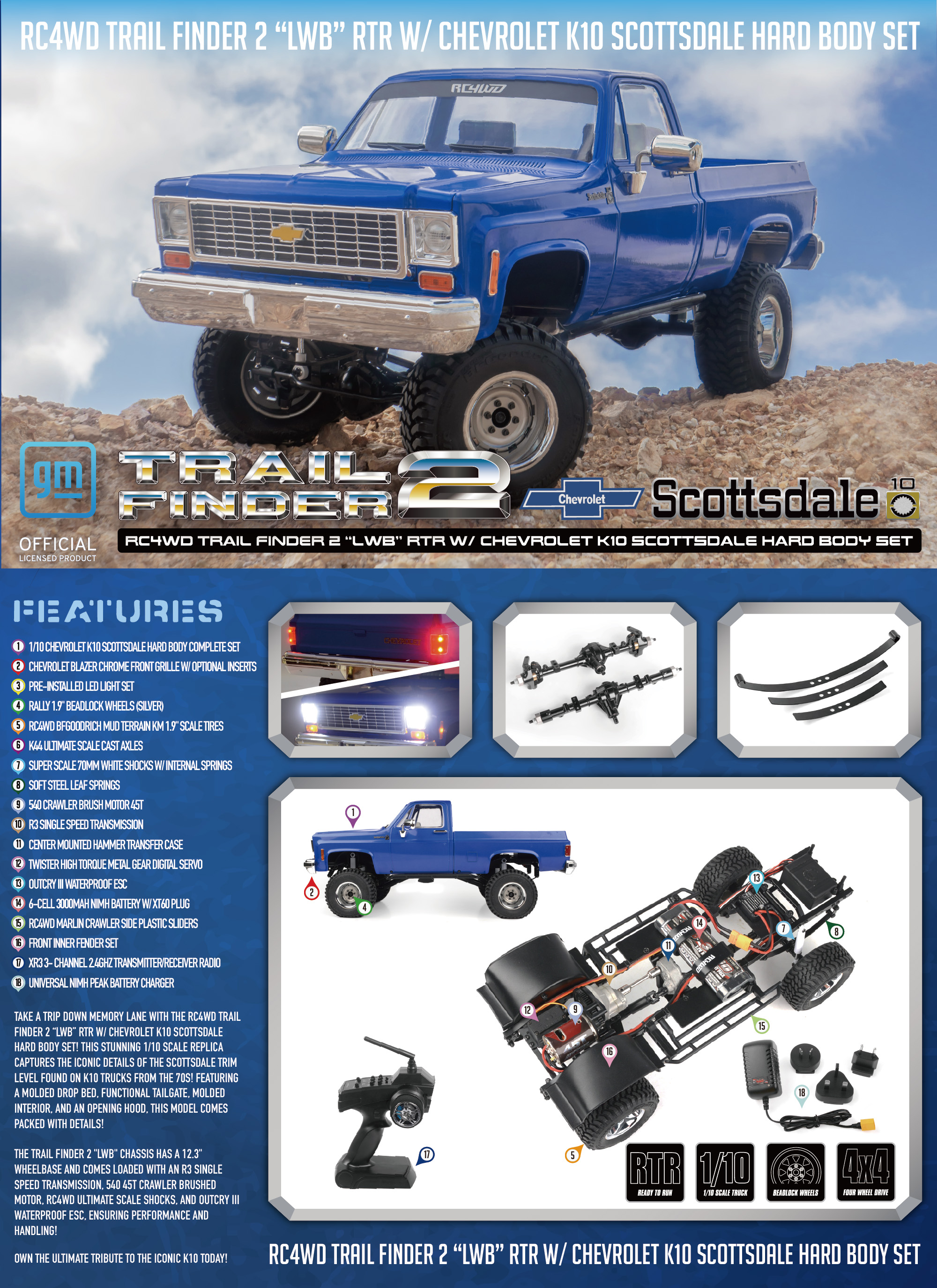 RC4WD Trail Finder 2 "LWB" RTR 4WD 1/10 Juego de carrocería Chevrolet ...